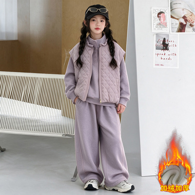女童秋冬加绒加厚马甲卫衣卫裤套
