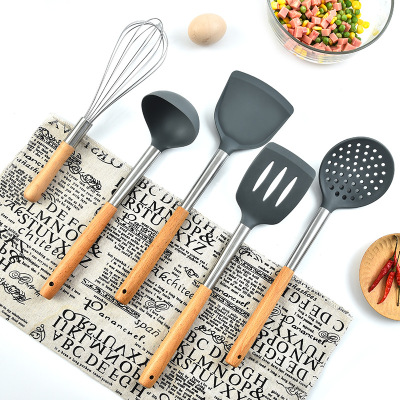 榉木管柄硅胶厨具套装 厨房工具5件套烹饪勺铲套装kitchen