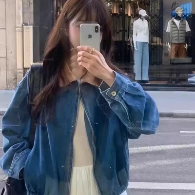 春季新款复古翻领撞色牛仔外套