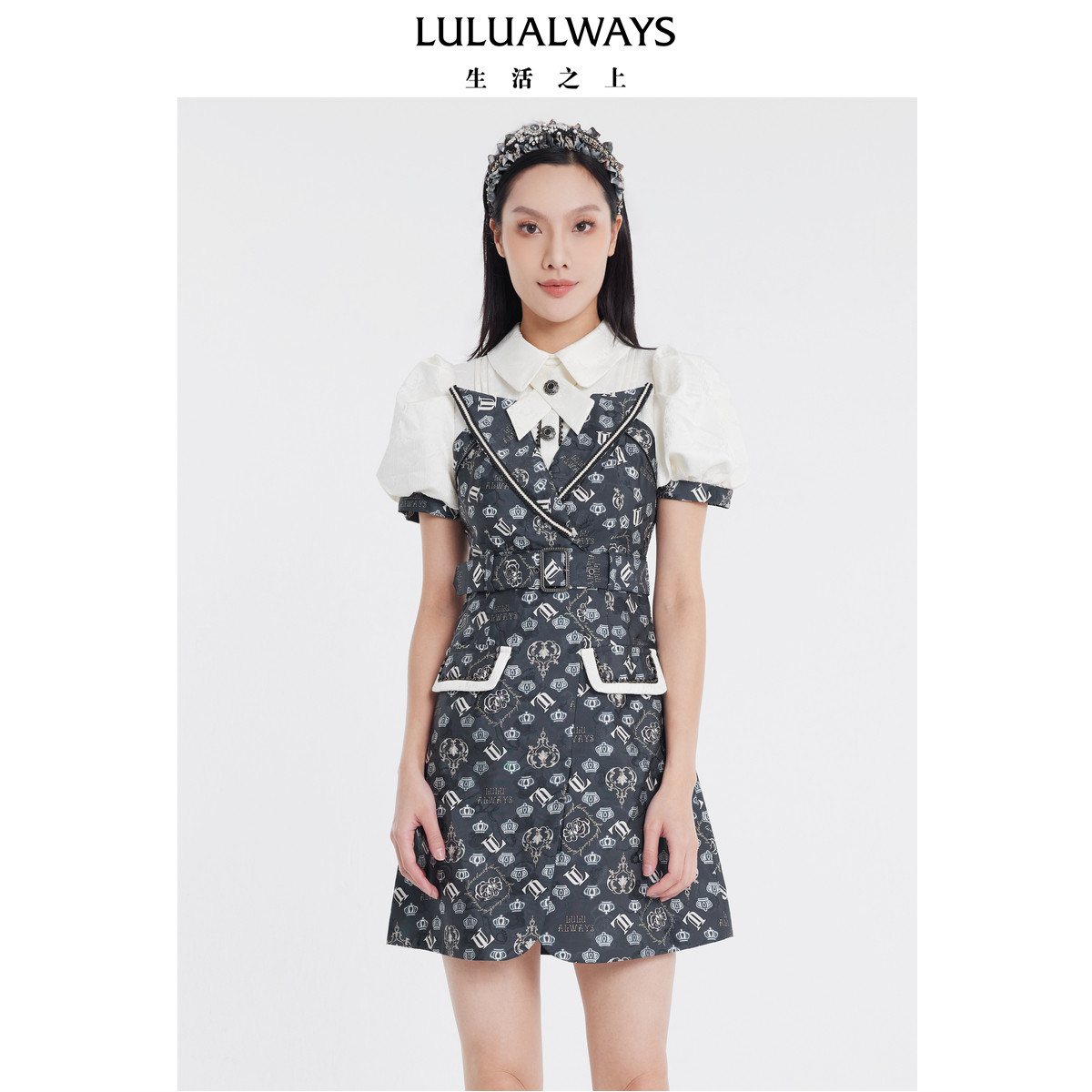 LULUALWAYS我爱露露夏季新款复古气质腰带泡泡提花连衣裙
