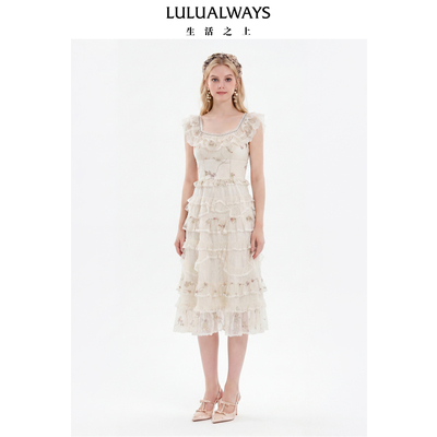 LULUALWAYS我爱露露【陈瑶同款】【人间缪斯】米白蕾丝碎花连衣裙