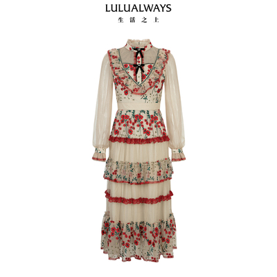 LULUALWAYS我爱露露26春季新款法式浪漫网纱花卉刺绣长款连衣裙
