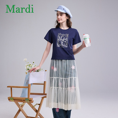 MARDI官方正品珠光浆印花短袖T恤夏季新款修身显瘦正肩复古上衣女