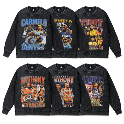 美式篮球球星卡梅隆安东尼掘金队复古vintage高街水洗圆领卫衣男