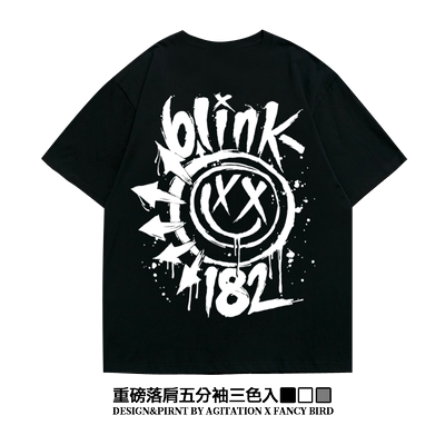 blink-182阿美咔叽摇滚街头潮流oversize落肩五分袖重磅宽松T恤男