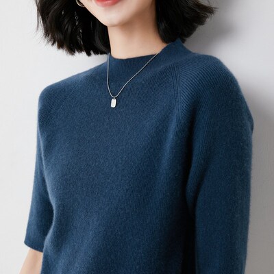 速发领02春秋新款半高非中袖针织衫上衣四平插肩2衫半袖