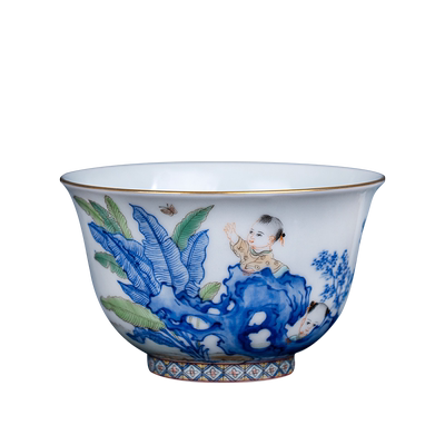 青花五彩描金婴戏杯