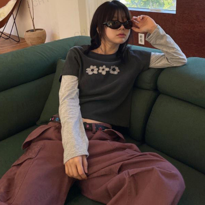 Chictang韩系复古深灰色花朵贴布假两件袖子拼接长袖T恤女春鑫壹D