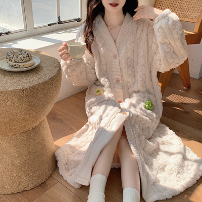 秋冬季加厚珊瑚绒睡衣女长款睡裙