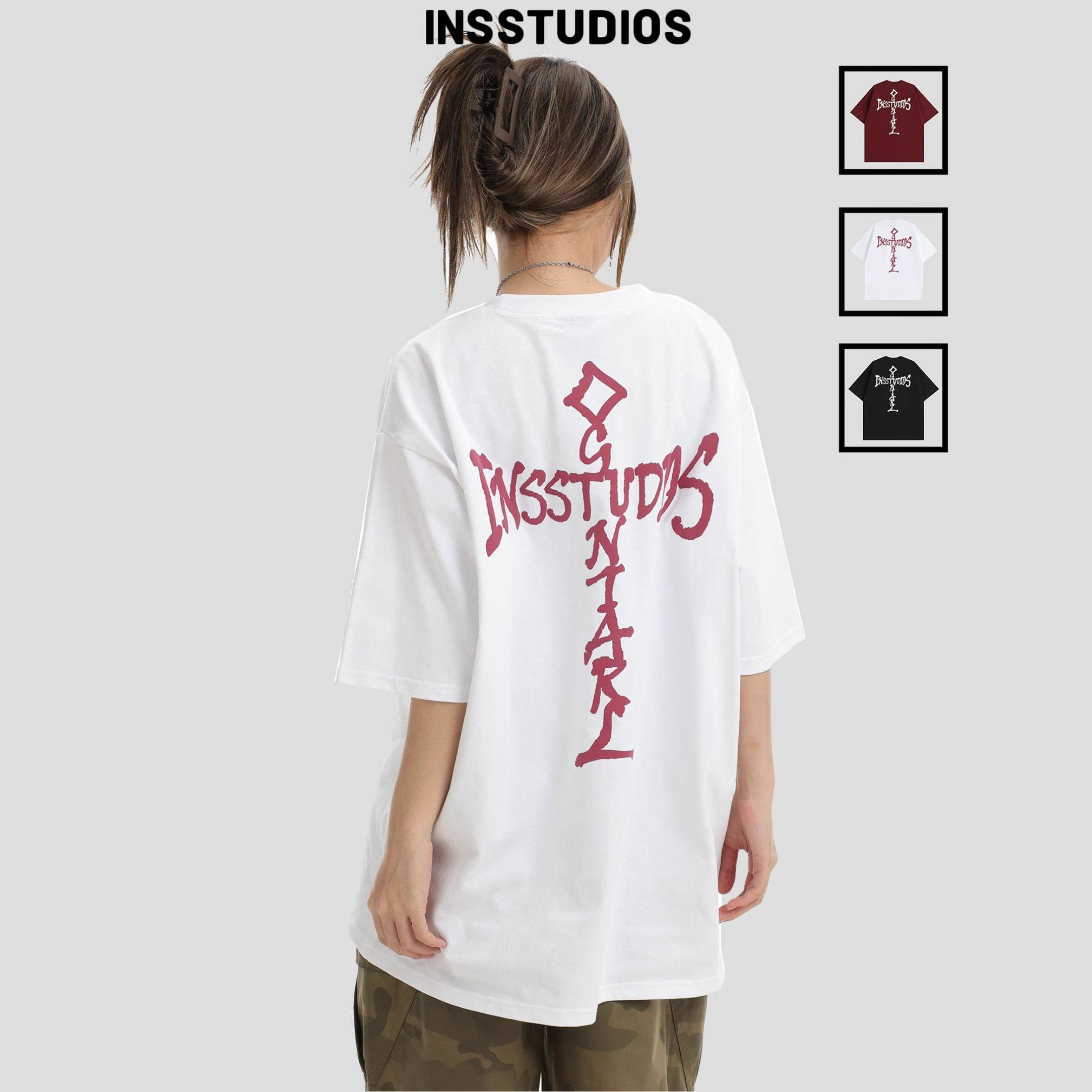 INSstudios 国潮牌情侣美式发泡十字架LOGO短袖宽松棉半袖t恤男