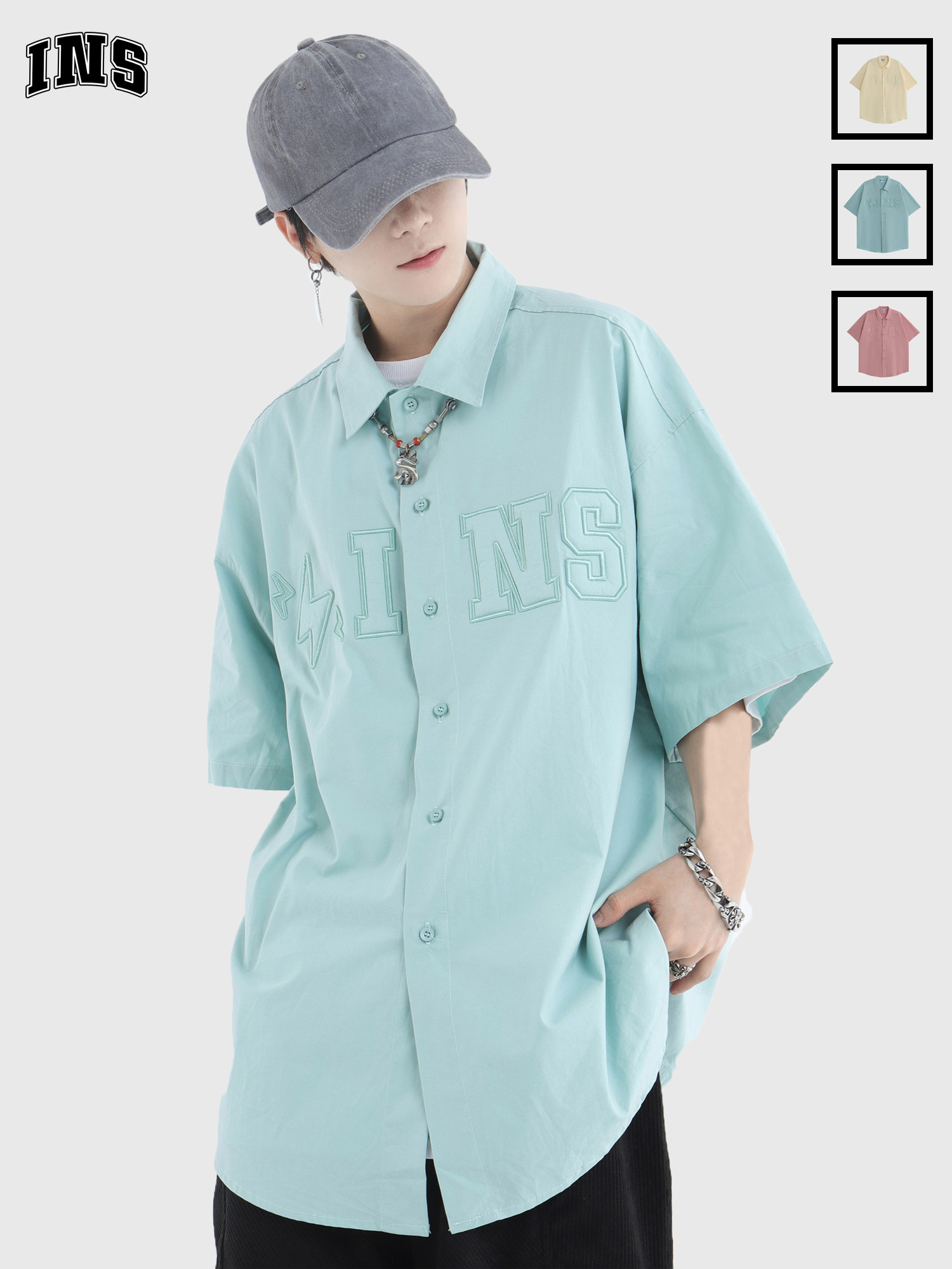 INSstudios大logo贴布短袖衬衫自制国潮情侣宽松休闲衬衣男女潮_虎窝淘