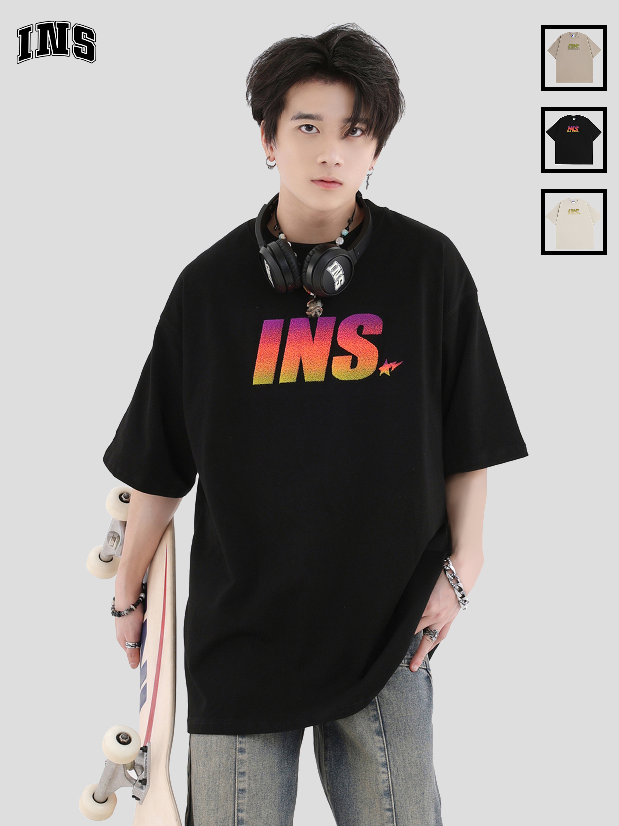 INSstudios国潮牌情侣美式渐变牙刷绣立体LOGO短袖宽松纯棉T恤男_虎窝淘