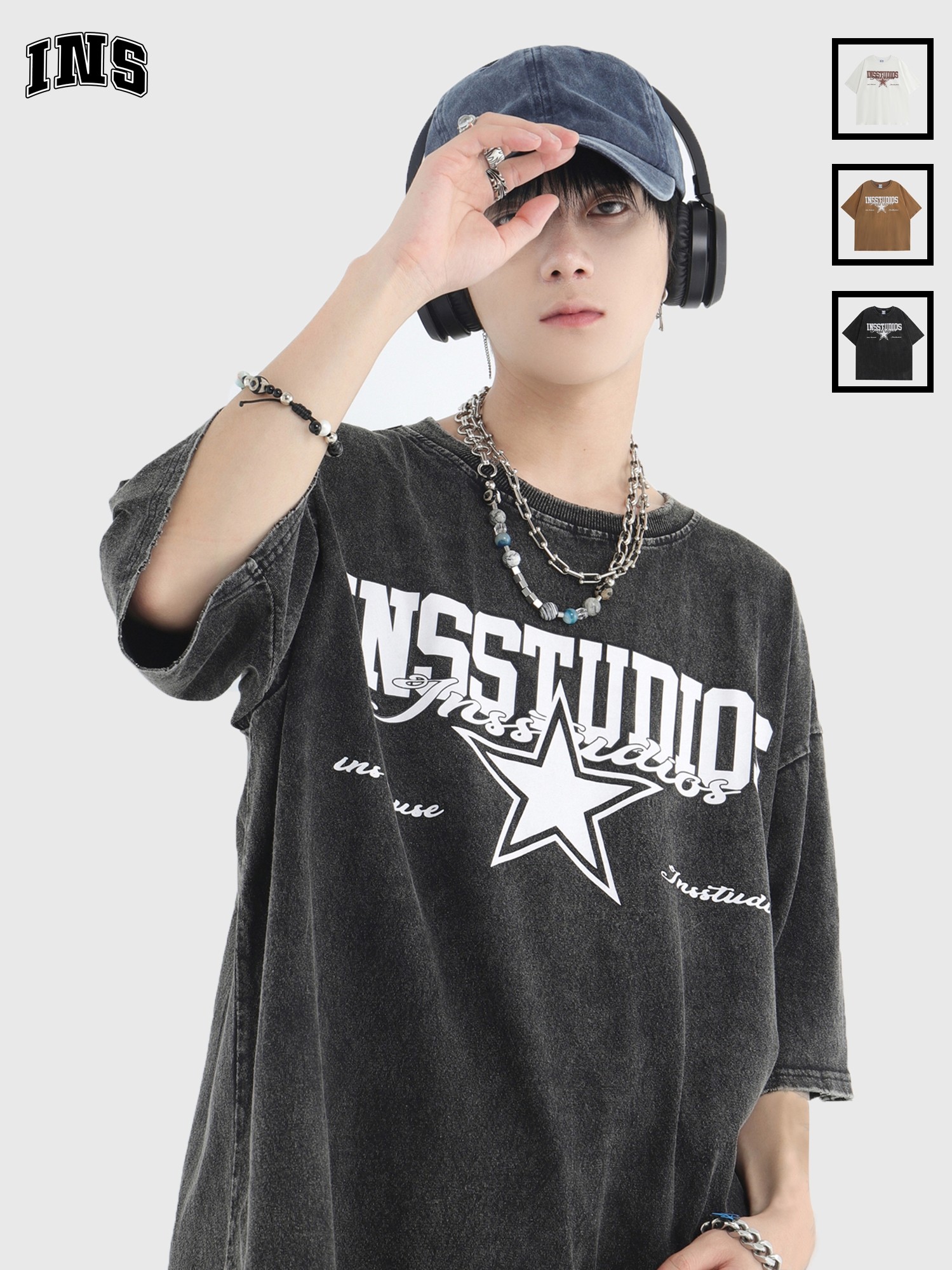 INSstudios水洗做旧短袖自制国潮情侣美式复古星星LOGO纯棉T恤男_虎窝淘