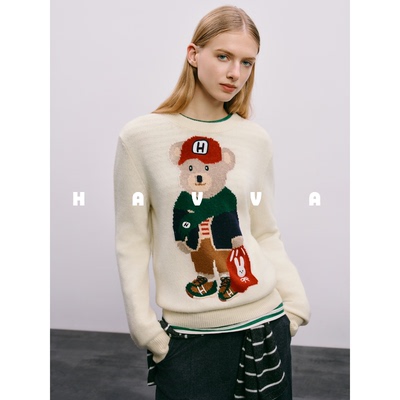 HAVVA松弛感减龄圆领针织衫套头卡通毛衣女上衣2025秋冬M3-04240