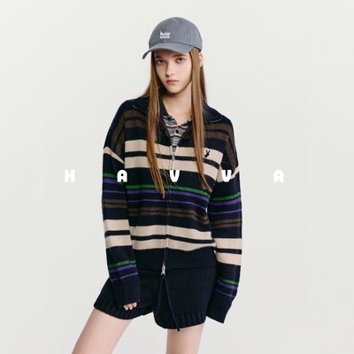 HAVVA双拉链廓形毛针织衫慵懒撞色条纹女开衫上衣2025秋冬L3-2790