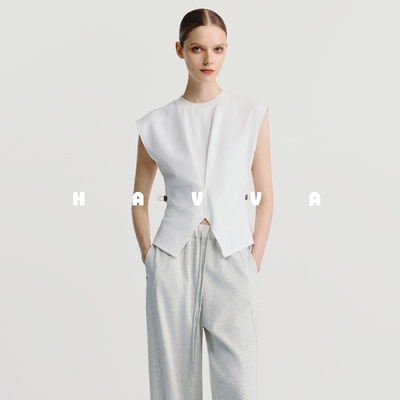 HAVVA侧边抽绳收腰无袖背心T恤前开叉设计女上衣2026夏季T3-3476