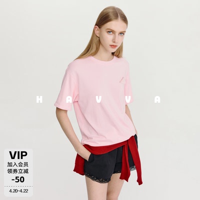 HAVVA经典圆领短袖T恤舒适高质感棉料女士上衣2026夏季T3-1471
