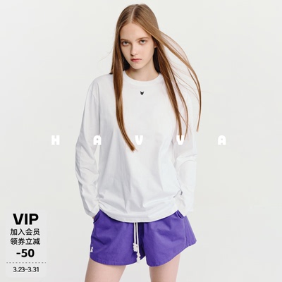 HAVVA宽松圆领长袖T恤舒适棉感可内外搭女士上衣2026春季T3-5375