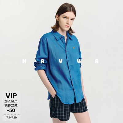 HAVVA亚麻翻领长袖衬衫单排扣宽松舒适女士衬衫2026秋季C3-4863
