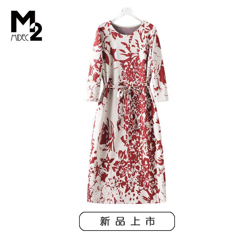 M2女装春秋宽松大码中年妈妈弹力收腰显瘦H型系带连衣裙