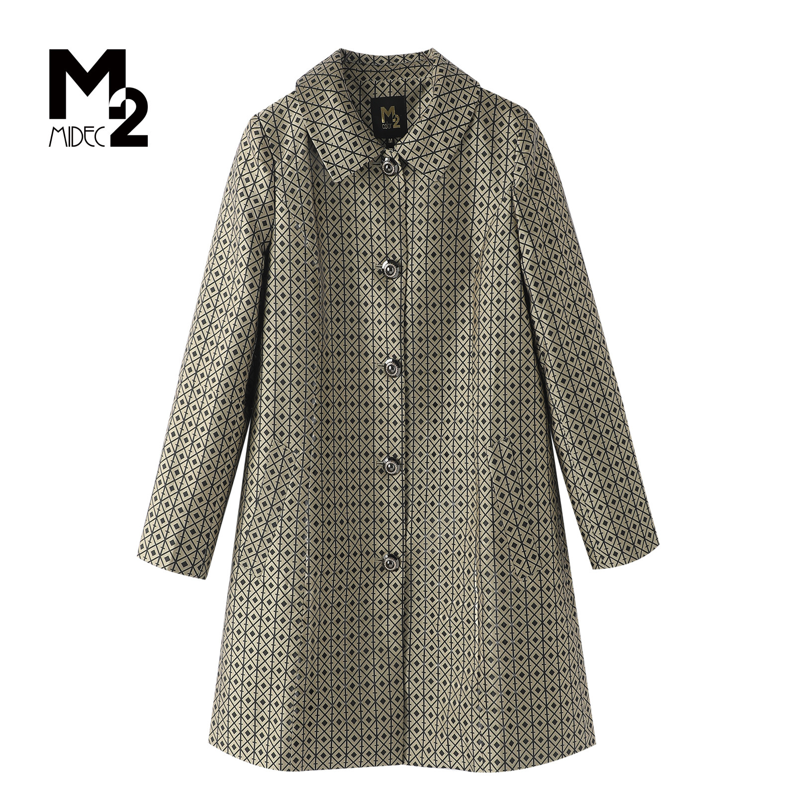 M2女装店春秋宽松大码复古格纹廓形风衣女中长款翻领排扣外套