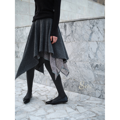 SO 秋冬格雷系高腰裙蕾丝拼接中长款显瘦气质百搭半身裙