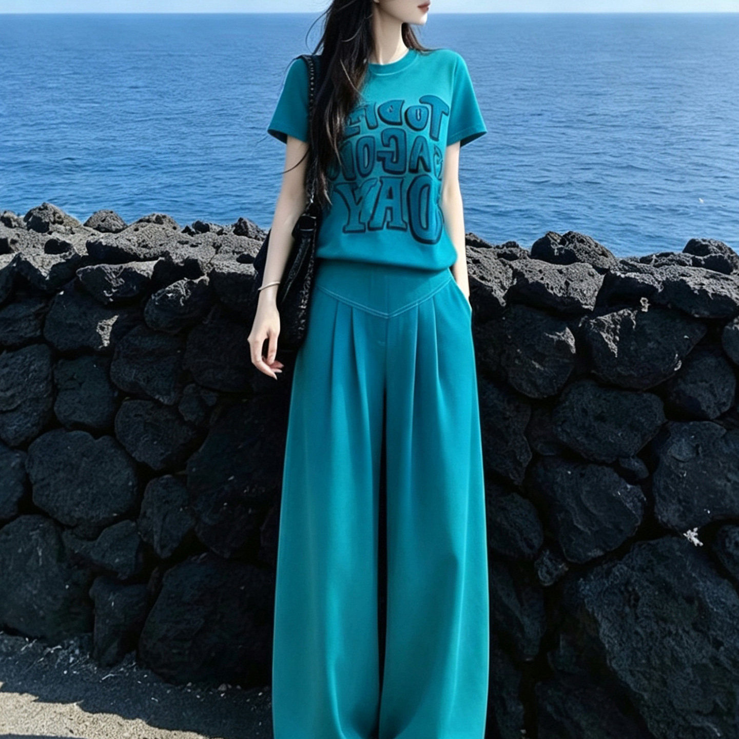 美式潮牌休闲运动套装女夏超火个性印花短袖高腰阔腿裤薄款两件套