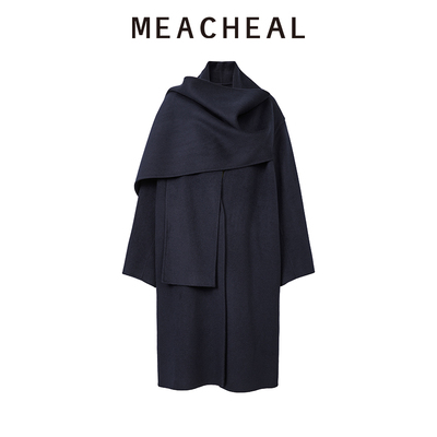 MEACHEAL2025冬季新款气质高级感藏青时尚绵羊毛大衣外套