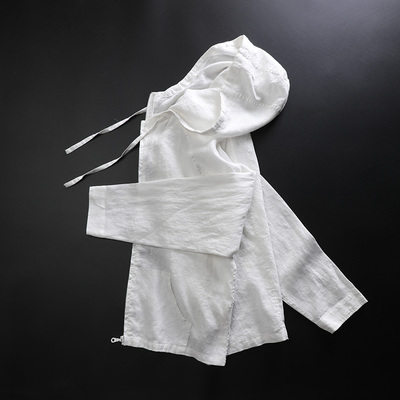 日系纯亚麻连帽拉链外套防晒透气