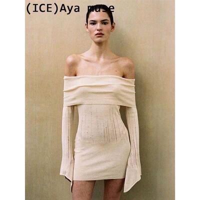 Ice买手店折扣Aya muse洋装25秋新品米色一字肩喇叭袖短裙