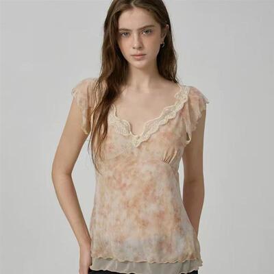 City正品买手店 the barnnet 夏季复古薄纱显瘦百搭蕾丝V领上衣