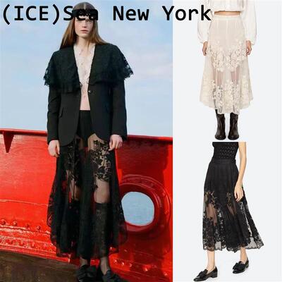 ice买手店正品折扣现货Sea New York半透明蕾丝网纱刺绣喇叭裤裙