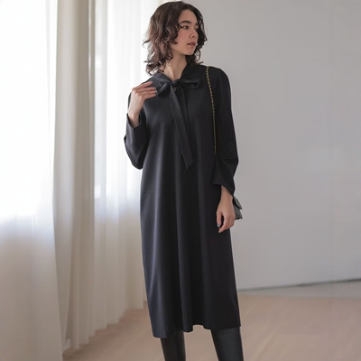 代1700+组Q家【前后可穿】时尚优雅气质金葱条纹蝴蝶结领带连衣裙