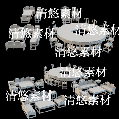 3dmax c4d fbx格式obj中式古风福寿纹矮宝座桌椅文件 非实物B362