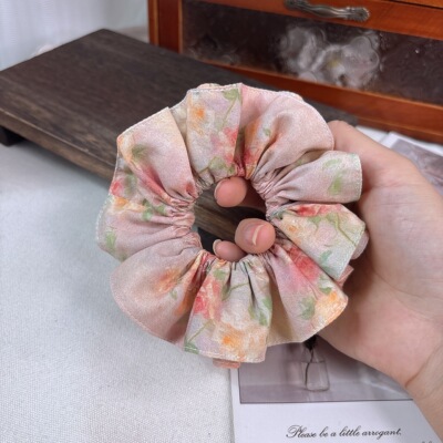 手作粉色油画风碎花大肠发圈纯棉小众发绳甜美双层发圈丸子头发饰