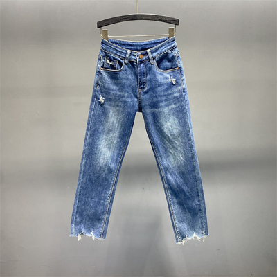 直筒九分棉弹牛仔布2023春季破洞