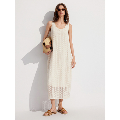 ELLE浪漫假日镂空蕾丝女士背心裙2024年夏季长款小白裙无袖连衣裙EL48247