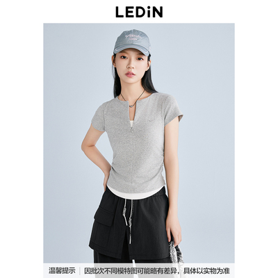 【商场同款】乐町假两件短袖T恤夏设计感V领修身T恤C2CNF2119