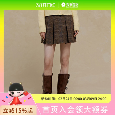 Pit绵羊毛混纺格纹百褶短裙半身裙时髦女短裙-110D440429
