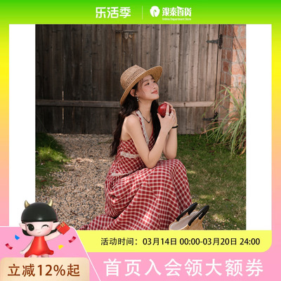 谜秀红杏格纹挂脖连衣裙打揽设计复古显瘦气质女夏装MXE36L2251