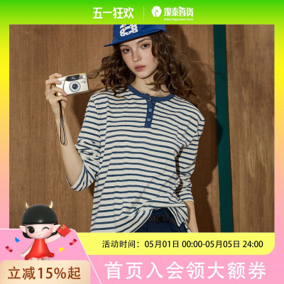 coolhut美式复古条纹圆领长袖T恤女2025夏季新款宽松休闲上衣