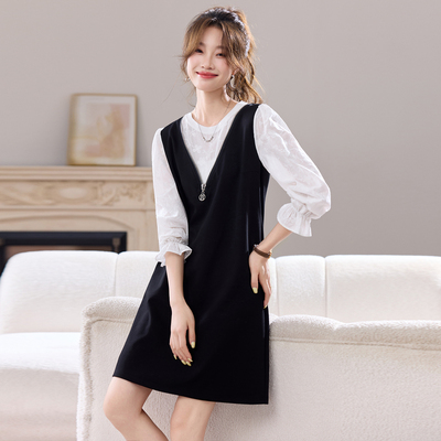 KCOR【54%棉】女士秋季假两件拼色时尚连衣裙圆领休闲宽松大V背带裙9K0J056872