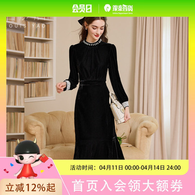 白鹿语赫本风丝绒连衣裙25秋款高级感名媛修身显瘦黑色小礼裙BL20299