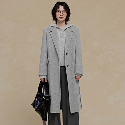 pit复古设计感绵羊毛双面毛呢大衣女冬长款双面呢大衣-110D440014