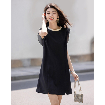 dme德玛纳【优雅进阶】夏季垂顺80D乱麻木耳边圆领小黑裙飞飞袖女连衣裙G540221550224