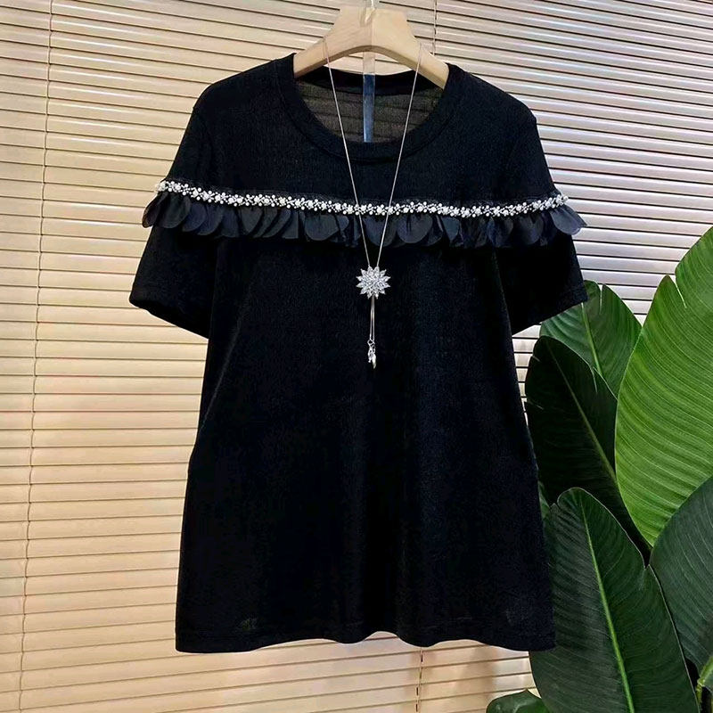 大尺码女装夏季欧货时尚新款重工花边设计感洋派显瘦短袖衫上衣休