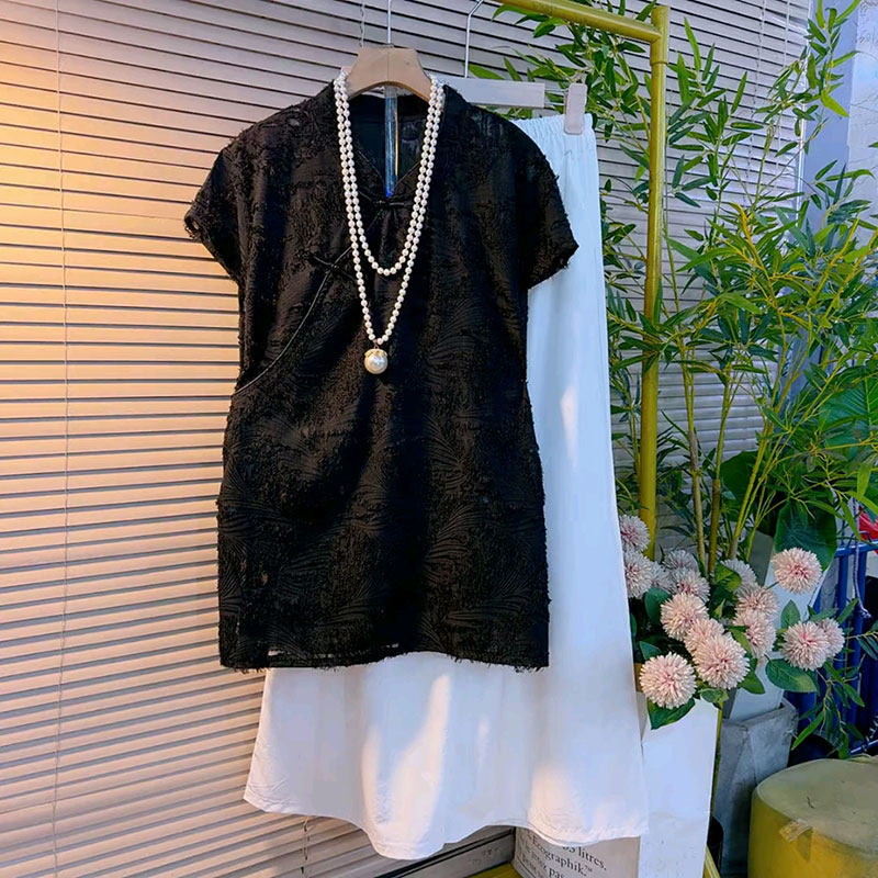大尺码女装夏季新款时尚复古风盘扣开衩植绒上衣搭配阔腿裤子胖妹