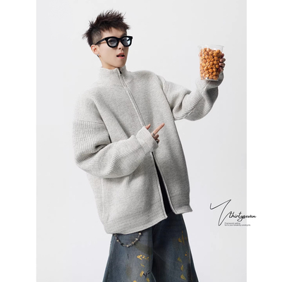重磅立领双开拉链纯色毛衣