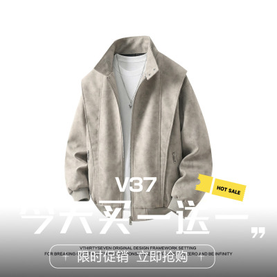 V37美式扎染解构立领PU皮夹克男