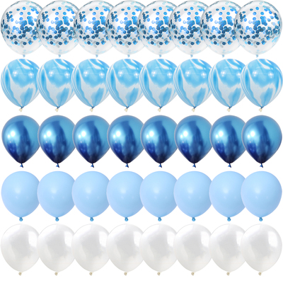 40 Pcs Blue Set Agate Marble Balloons Silver Confetti Balloo